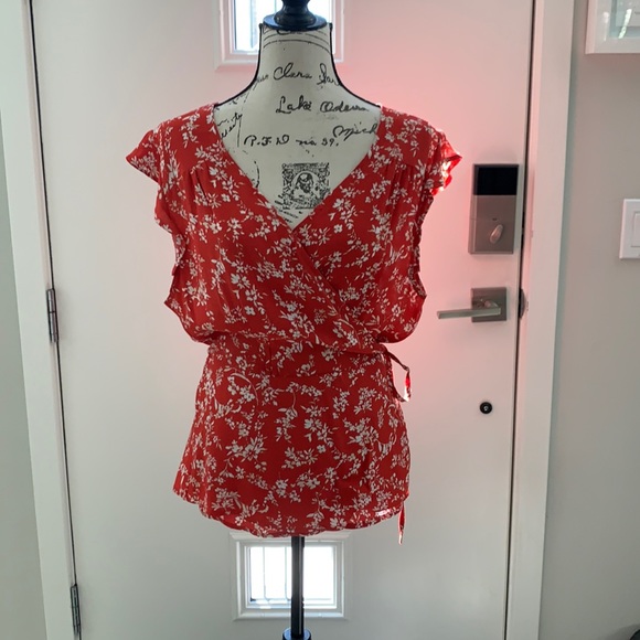 Tops | Red And White Floral Print Wrap Blouse | Poshmark